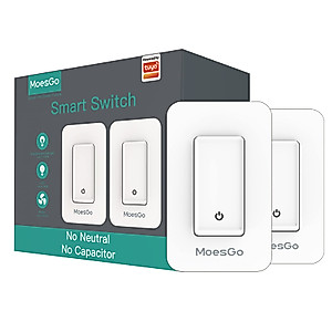 MoesGo WiFi Smart Single Fire Wall Light Switch,No Neutral Wire Need, Single Pole, Smart Life/Tuya Remote Control,No Capacitor Required, Work with Alexa and Google Home Assistant 110V Minimum 7w White