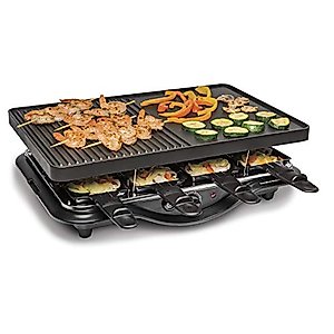 Hamilton Beach Electric Indoor Raclette Table Grill, 200 sq. in. Nonstick Griddle Serves up to 8 People for Parties and Family Fun, Includes 8 Warming Trays, Black (31612-MX)