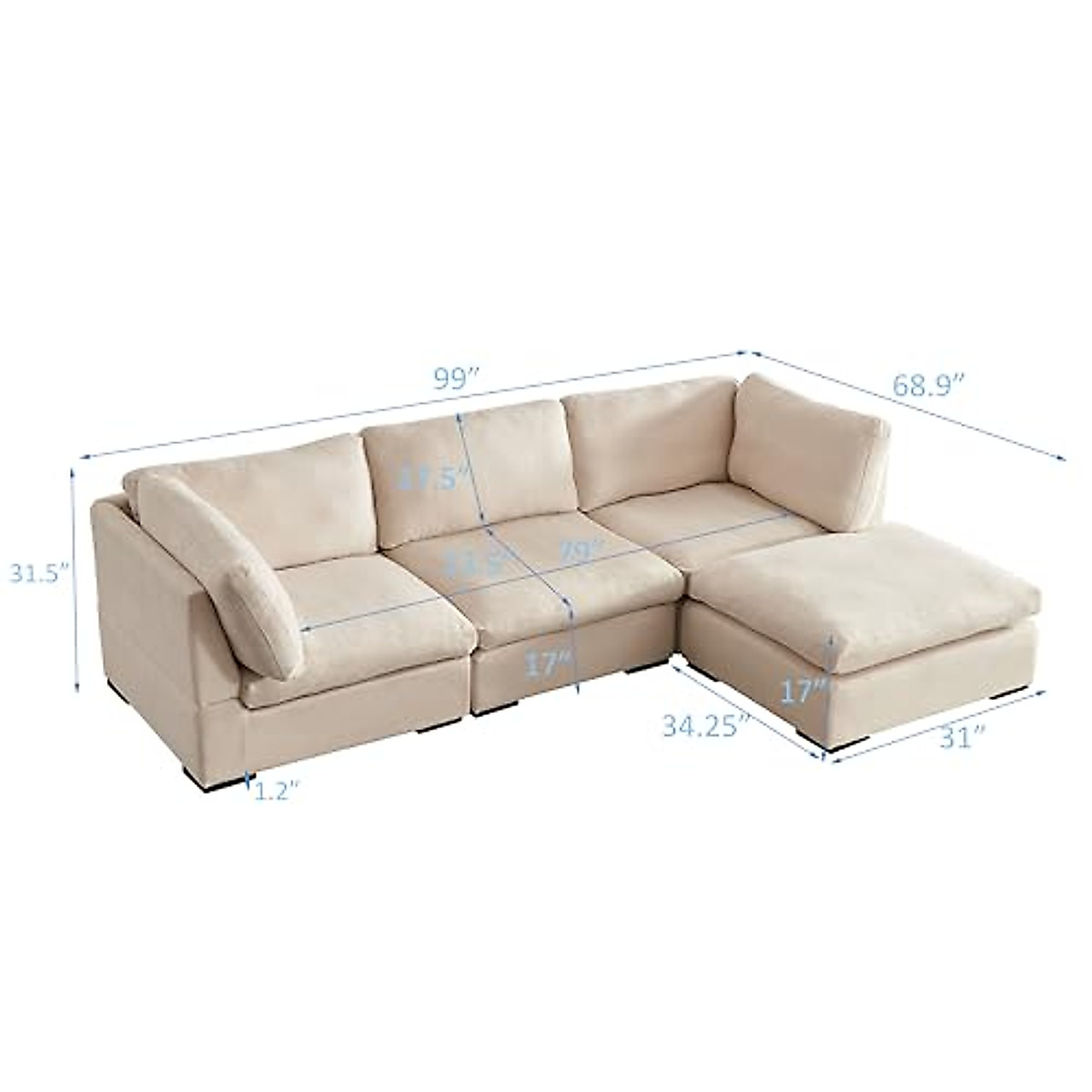 Verfur Free Combination Convertible Modular Sectional Sofa with Movable Ottoman, Down Filled L Shaped Corner Couch, 4 Seat Oversized Reversible Sofa&Couches for Living Room, Beige 99"