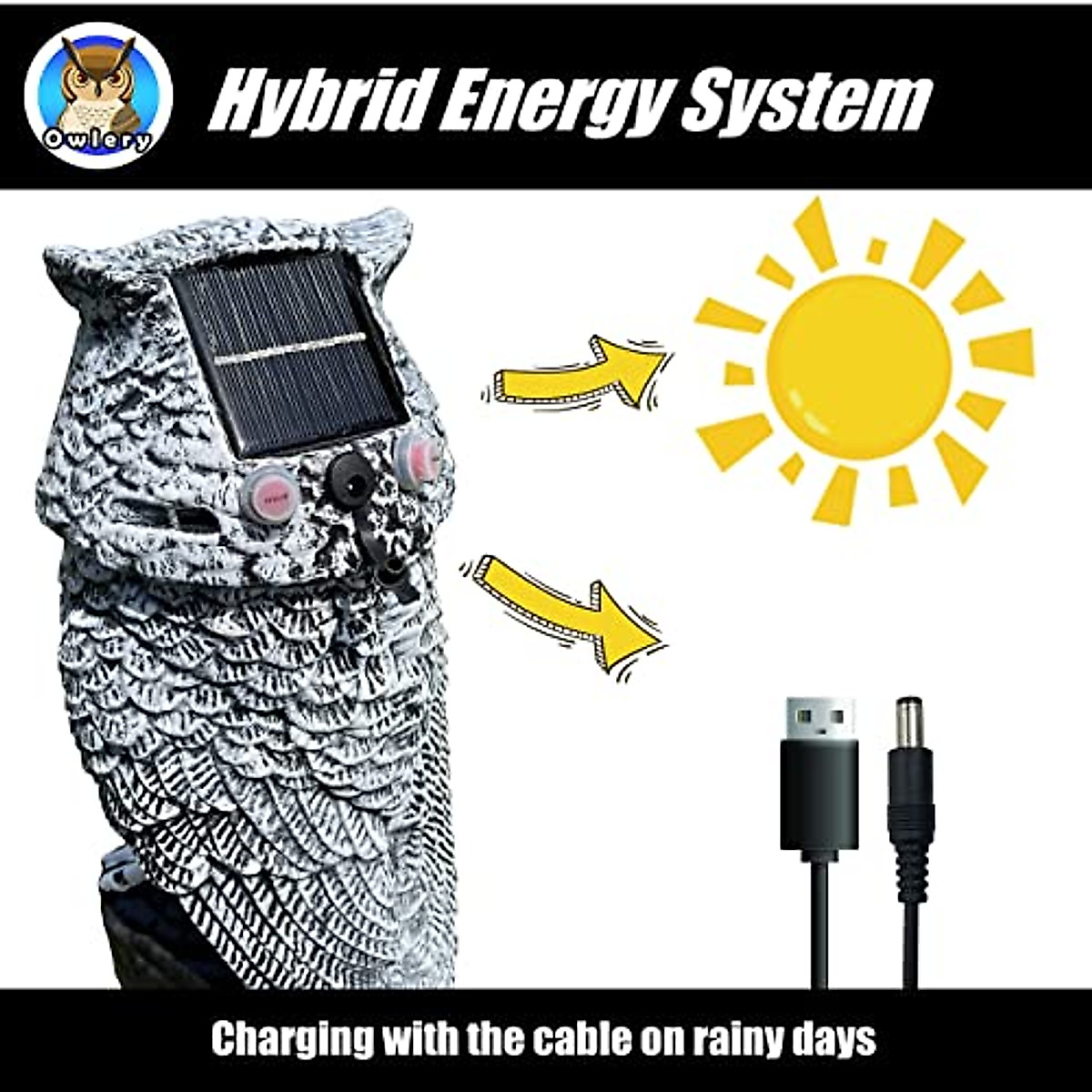 Owlery Solar Owl with Flashing Eyes, Spinning Head and Realistic Tweets, Plastic Owl Decoration for Home, Garden, Patio and Fence