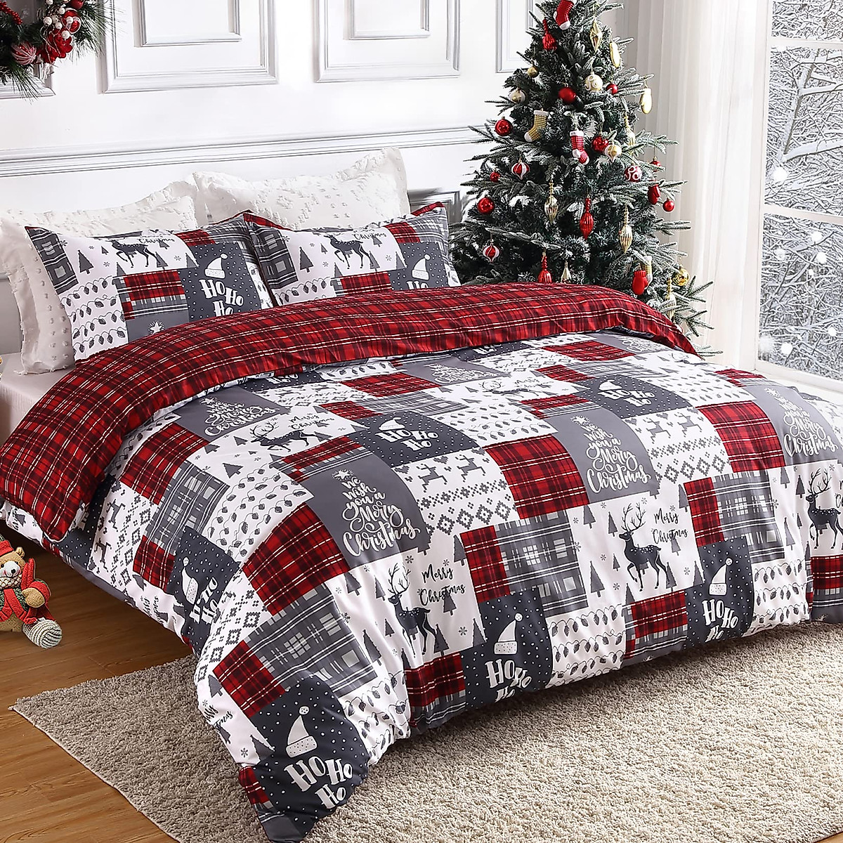 CAROMIO Christmas Duvet Cover King, Soft Microfiber Red Duvet Covers, Reversible Printed Comforter Cover Set Christmas Holiday Decorative Bedding (Christmas Plaid, King)