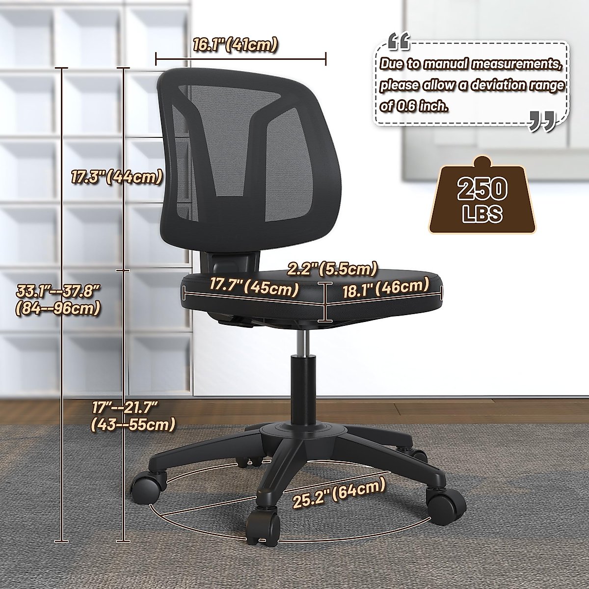 TTD TIANTIANDA Armless Swivel Mesh Computer Office Desk Chair Height Adjustable with Lumber Support for Small Spaces, Black