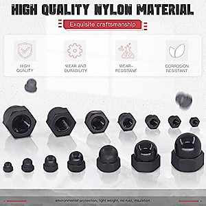Hilitchi 7Sizes 100Pcs Black Nylon Acorn Nut Metric Inner Threaded Cap Nuts Assortment Kit M3 4 5 6 8 10 12 Dome Nuts