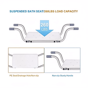 Heavy Duty Bath Bench Seat, Suspended Bath Tub Shower Chair Aluminum Alloy Bathtub Benches Bathing Seat for Elderly Adults Seniors Disabled or Injured, Length Adjustable Universal Fit, 260LBS Load