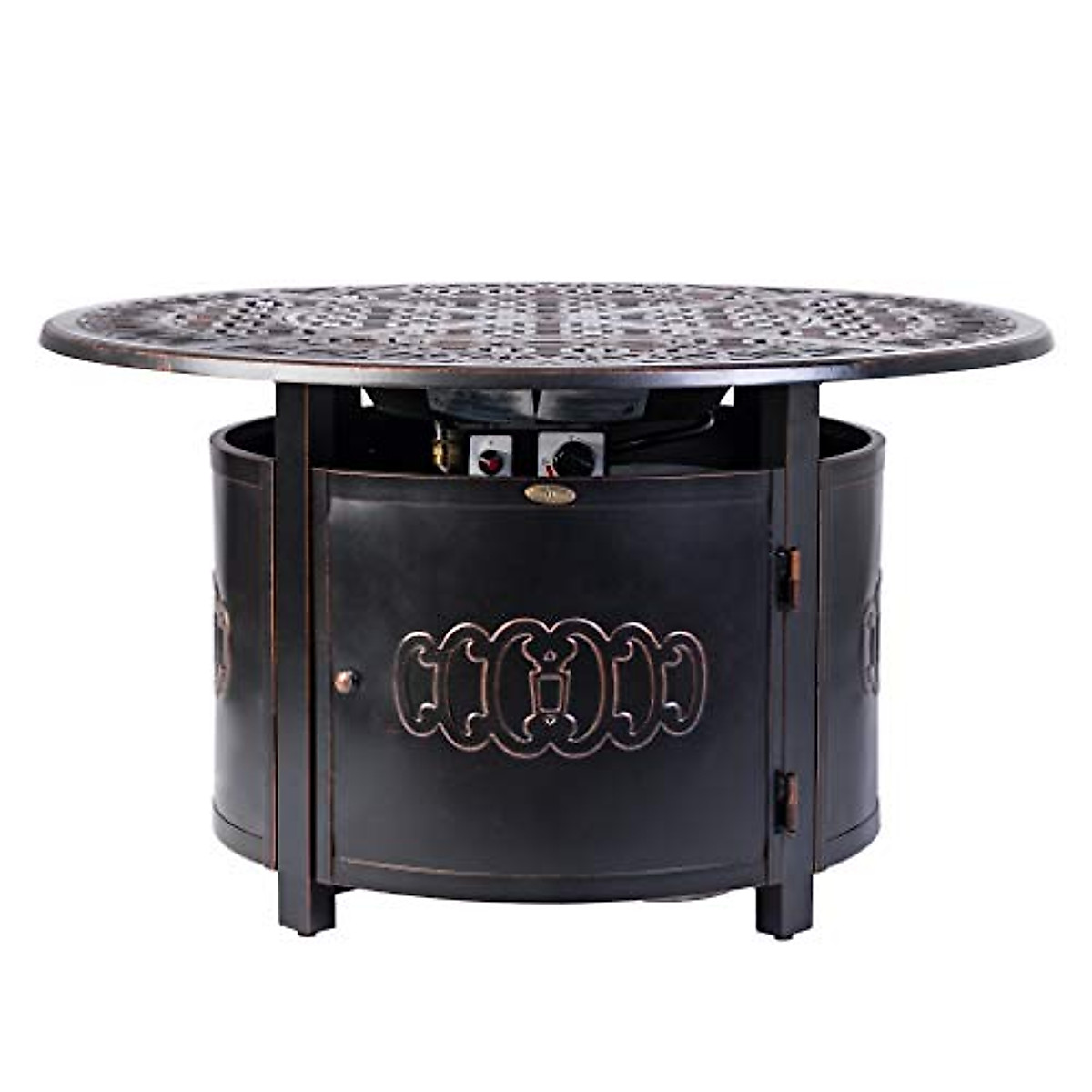 Fire Sense 62262 Dynasty Art Deco Aluminum Convertible Gas Fire Pit Table 55,000 BTU Multi-Functional Outdoor with Fire Bowl Lid, Nylon Weather Cover & Clear Fire Glass - Bronze Finish - Round - 44"
