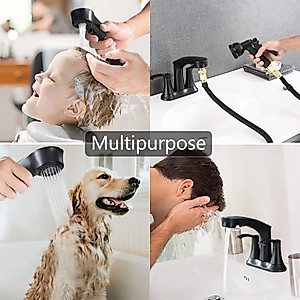 Besfelos Bathroom Faucet with Pull Out Sprayer, 4 Inch Centerset 3 Hole Faucet Utility Sink Faucet, 2 Handle Pull Out Faucet for Bathroom, Utility Sink or Laundry Tub, Matte Black