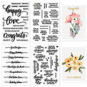 4 Sheets Words Clear Stamp Silicone Stamp Cards with Sentiments, Greeting Words Pattern for Thanksgiving Christmas Holiday Card Making and DIY Scrapbooking Journaling
