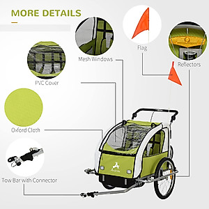 Aosom Elite 360 Swivel Bike Trailer for Kids Double Child Two-Wheel Bicycle Cargo Trailer with 2 Security Harnesses, Green