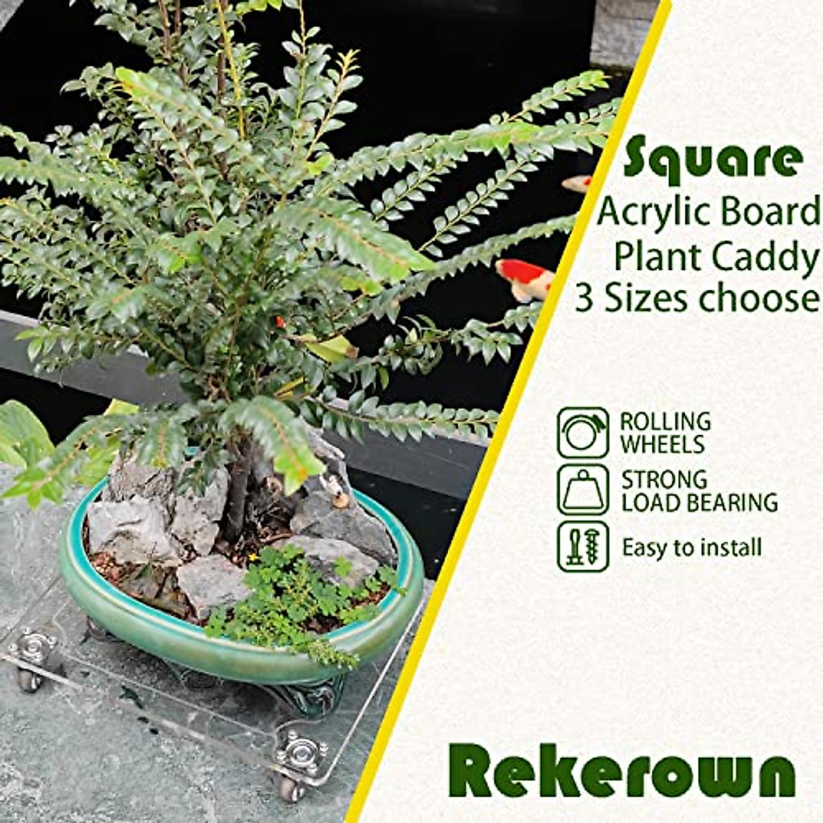 Rekerown 10"x14" Heavy Duty Acrylic Plant Stand with Wheels, Square Plexiglass Plant Caddy on Wheels - Outdoor Flower Pot Rack on Rollers - Indoor Dolly Holder Rolling Tray Coaster, Transparent 1PC