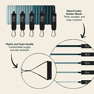 Retrospec Train Resistance Bands Workout Bands w/Handles, Door Anchor, Carry Bag for Women & Men, Undertow, Set (5pc)