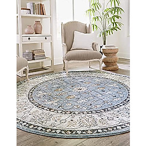 Rugs.com Eco Traditional Collection Rug – 7 Ft Round Harbor Blue Medium Rug Perfect for Kitchens, Dining Rooms