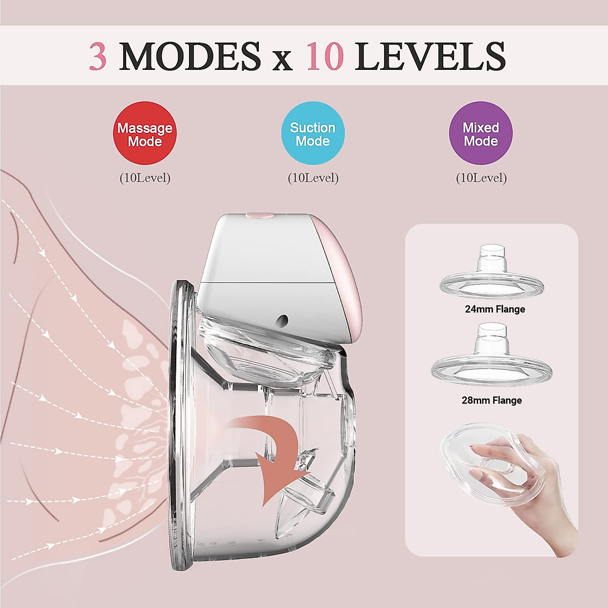 IKARE Wearable Breast Pump Hands Free, Pain Free Portable Electric Breastfeeding Pump with 3 Mode & 10 Levels, Rechargeable Milk Pump for Travel & Home, 24mm/28mm Flange, Super Quiet (Pink)