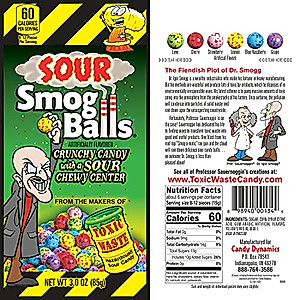 TOXIC WASTE | 3-Pack Bags of Sour Smog Balls | Deliciously Hard Candy with a Chewy Sour Center - 6 Flavors: Lime, Cherry, Strawberry, Lemon, Blue Raspberry, and Grape