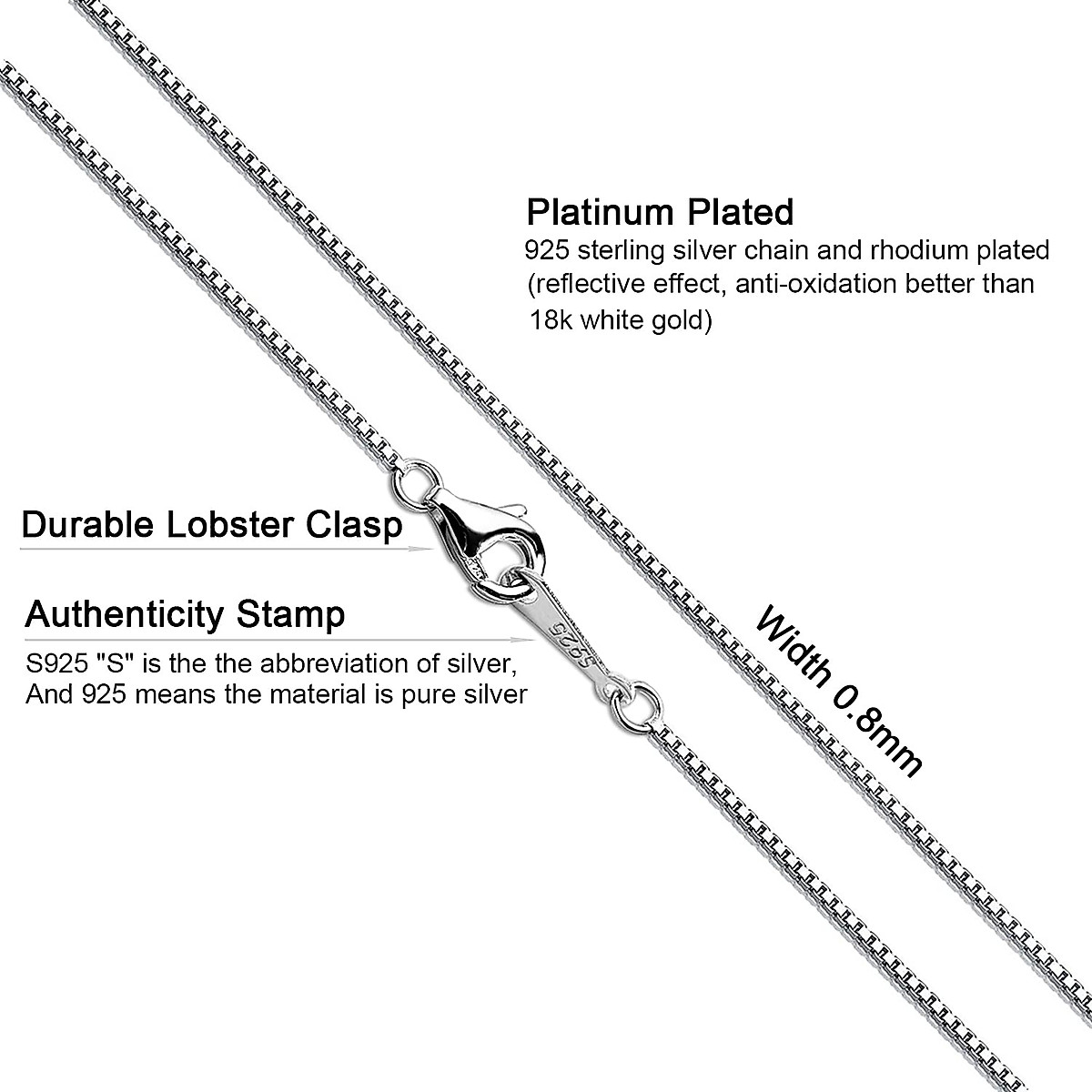 AllenCOCO Mens Silver Chain, 925 Sterling Silver Necklace for Women, 16 18 20 Inch Box Chain, Dainty Pure Silver Jewelry Gift