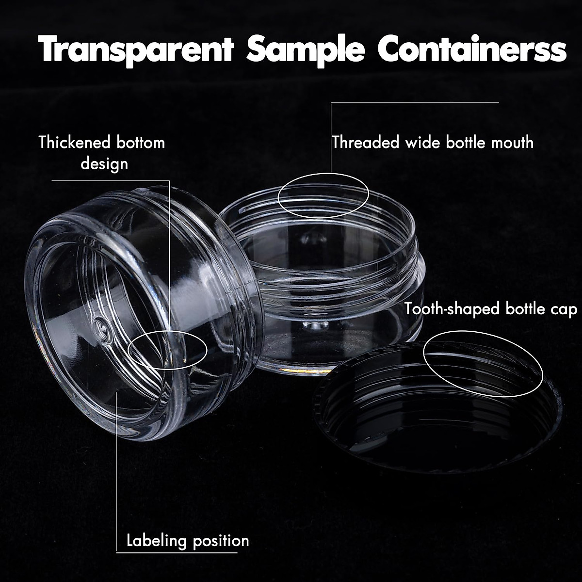 10 Gram 20 Count Sample Containers, Small Plastic Containers with Lids, Empty Sample Jars with Labels and Mini Disposable Spatulas(Black Lid)