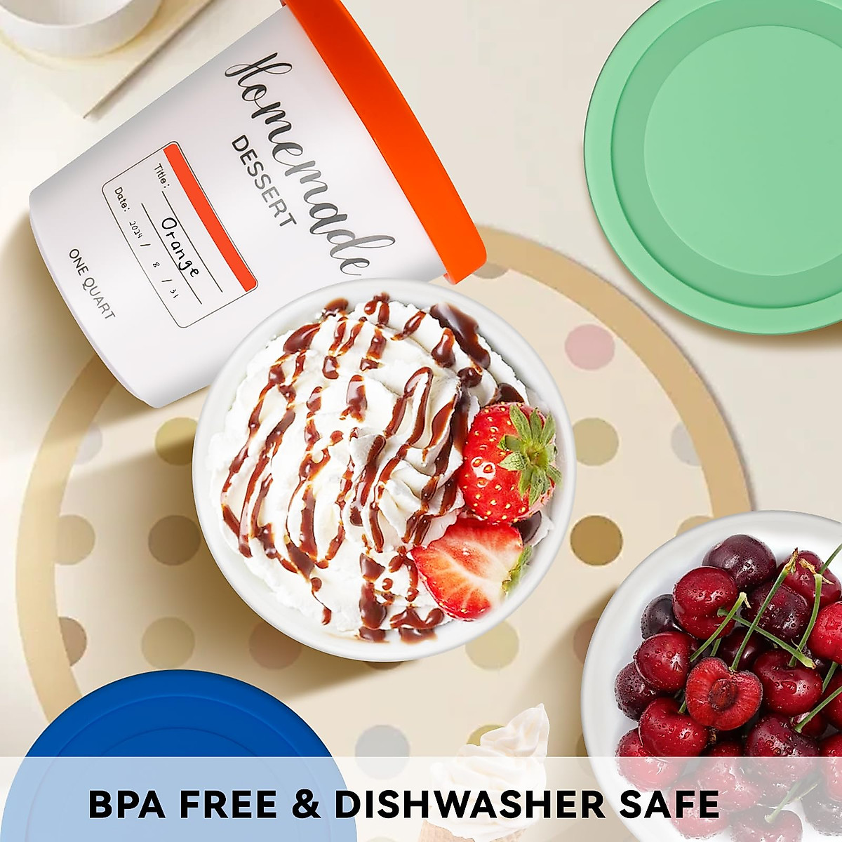 DIKENLAND Ice Cream Containers for Homemade, 4 Pack Ice Cream Containers Set 1 Quart Each, Reusable Ice Cream Storage Containers for Freezer with Silicone Lids, Stickers and Scoop