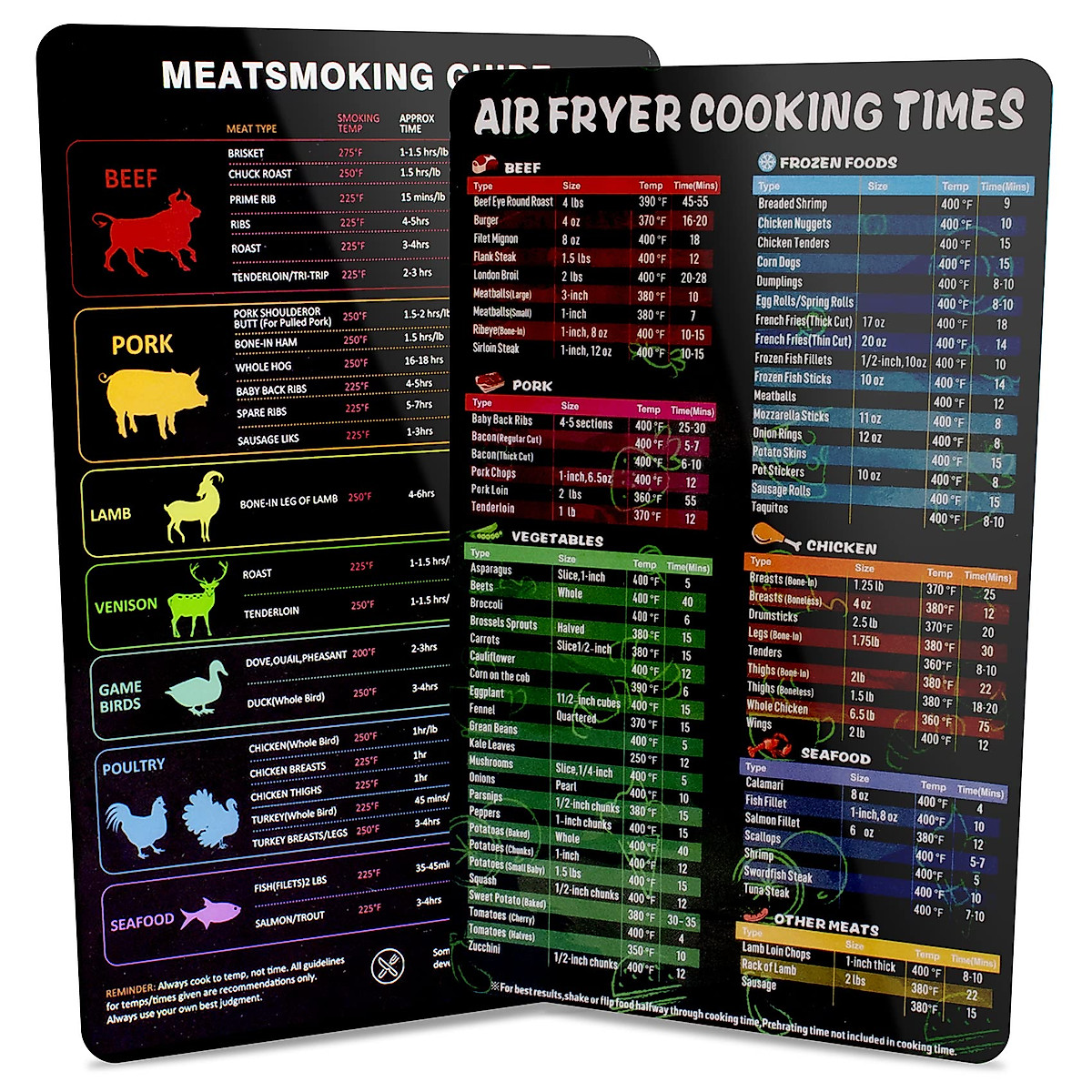 JAQMWV 2 Pack Air Fryer Magnetic Cheat Sheet Set,Air Fryer Accessories Cook Times Sheet for Kitchen,Fryer Sheet Quick Reference Guide,Air Fryer & BBQ Smoker Accessories with Cook Time Recipe Card.