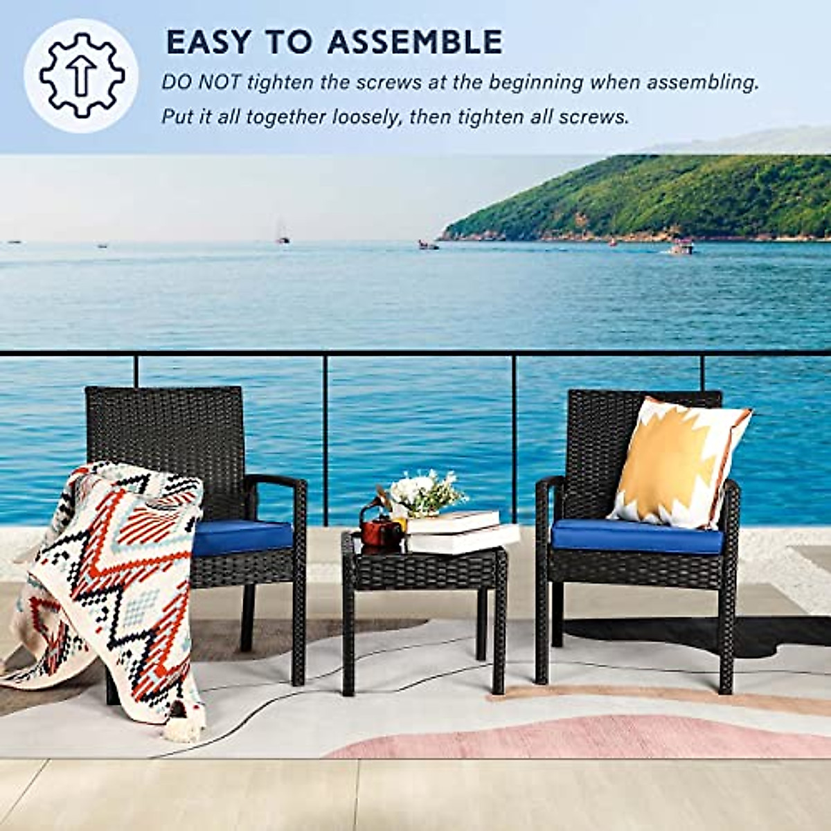 Tochiyoga Patio Furniture Set 3 Piece, Wicker Patio Furniture Sets, Outdoor Wicker Rattan Furniture, Outdoor Bistro Set, Wicker Patio Set, All Weather Balcony Furniture Set(Black)