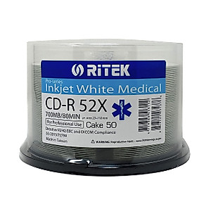 50 Pack Ritek Medical Grade CD-R 52X 700MB/80Min Directive 93/44/EEC and DICOM Compliance White Inkjet Hub Printable Blank Recordable Disc