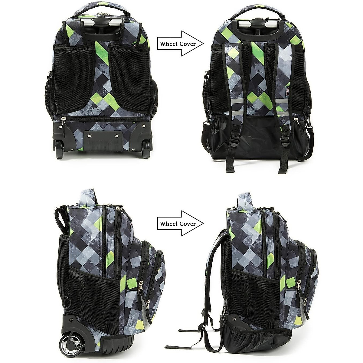 Tilami Rolling Backpack 18 Inch with Pencil Case School for Boys Girls (Green Plaid)