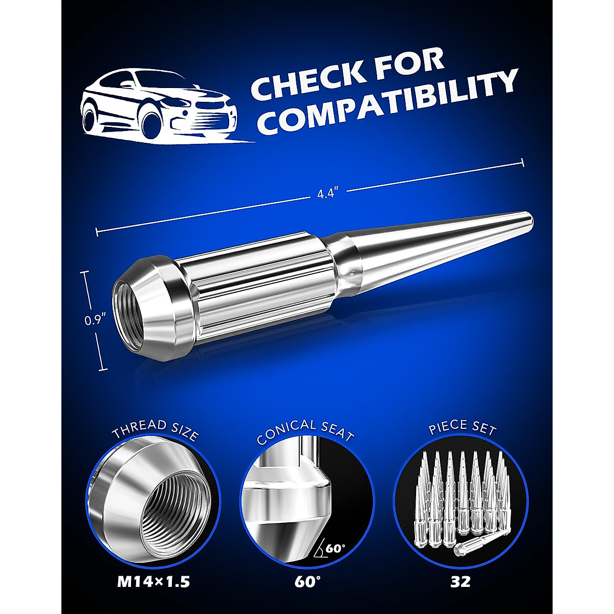 Orion Motor Tech 14mmx1.5 Lug Nuts Chrome 32 Piece, M14x1.5 Spike Lug Nuts Wheel Accessories Compatible with Chevy Ram Ford GMC