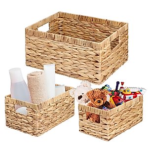 Wicker Baskets for Storage Organizing - 3 Pack Large Wicker Bins ＆ Medium Water Hyacinth Storage Baskets with Small Hand Woven Baskets for Home Organization Pantry Shelf