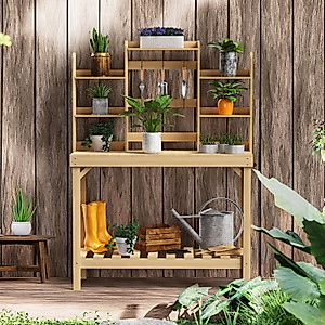 Highpro Outdoors Potting Benches Table, Garden Work Table Outside, Wooden Workstation Table with Storage Shelf