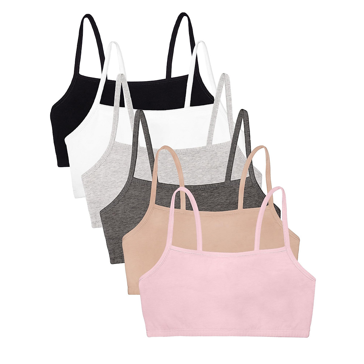 Fruit of the Loom Women's Spaghetti Strap Cotton Pullover Sports Bra Value Pack, Sand/White/Heather Grey/Black/Blushing Rose/Charcoal