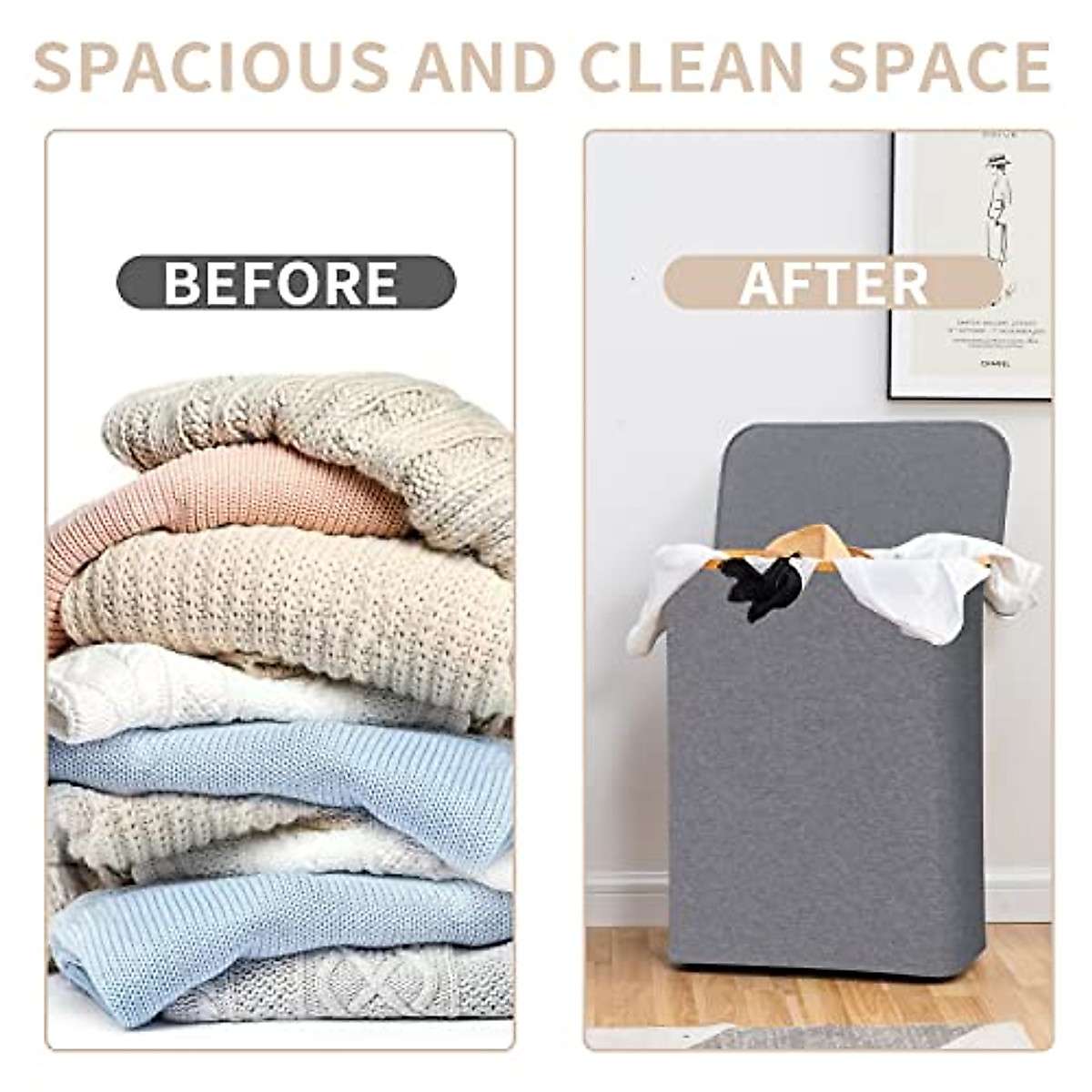 BRIAN & DANY 123L Laundry Basket with Lid, Large Laundry Hamper Organizer 2 Section with Removable Bag Liner for Bathroom and Bedroom (Grey)