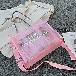 JQAliMOVV Clear Tote Bag for Women - Large PVC Transparent the Tote Bag See Through Shoulder Crossbody Bag Handbag for Travel Beach (Pink)