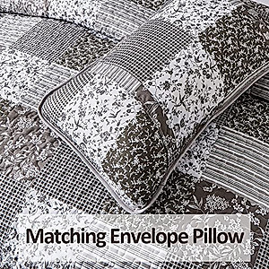 Mybedsoul Grey Boho Quilt Set Queen Size,3 Pieces Plaid Floral Bedspread Coverlet Set for All Season,Patchwork Reversible Bedding Set Queen 90"x96"