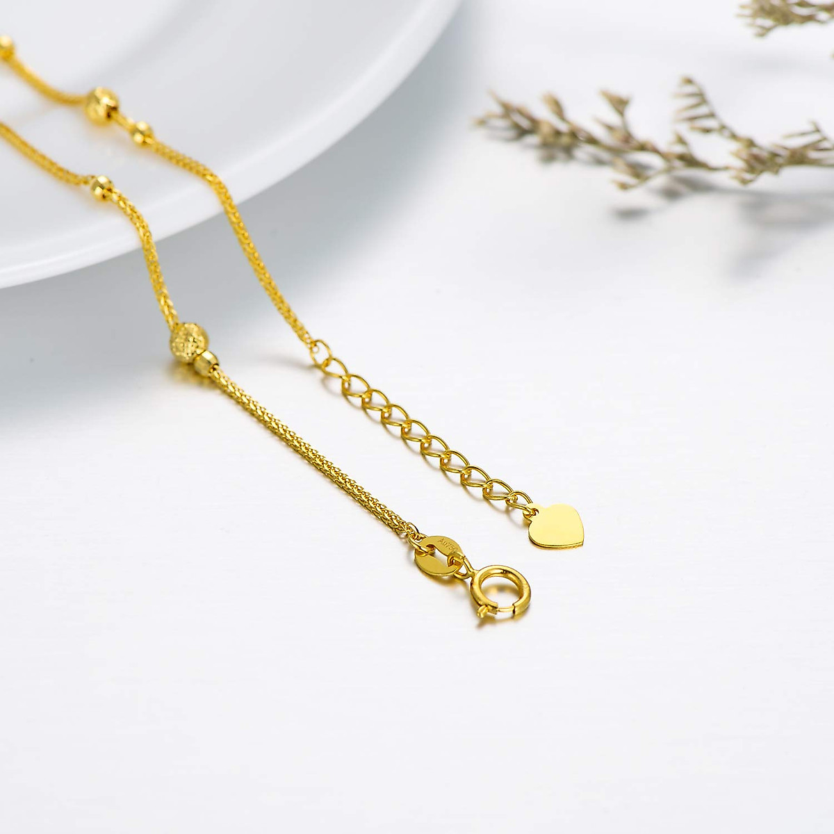 18K Solid Gold Bracelet for Women, Dainty Real Gold Beads Ball Adjustable Chain Bracelet Fine Jewelry Anniversary Christmas Gift for Her, Wife, Mom, Girls, 6.5"-7.5"