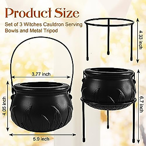 Rocinha Halloween Party Decoration, 3 Pcs Witches Cauldron Serving Bowls on Iron Stand, Black Plastic Hocus Pocus Candy Bucket for Halloween Party Indoor Outdoor Home Kitchen Decorations