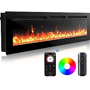 Silonn 60″ Electric Fireplace Heater with App & Remote Control, 5300 BTU Heat Output, Ultra-Slim Wall-Mounted or Recessed Electric Fireplace Inserts with Timer, 20 Flame Colors, SLELF02B-60