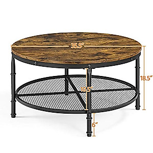 Yaheetech 35.5 inch Round Coffee Table, 2-Tier Rustic Wood Coffee Table for Living Room, Industrial Center Table with Metal Frame and Wood Desktop,Easy Assembly, Rustic Brown