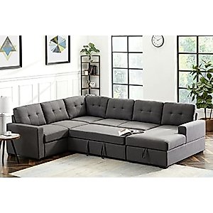 ERYE Tufted Upholstered U-Shaped Sectional Sofa with Left Storage Chaise and Pull Out Couch Bed, Oversized Corner Sofa&Couch Convertible Sleeper & Sofabed for Home Apartment Living Room, Dark Gray