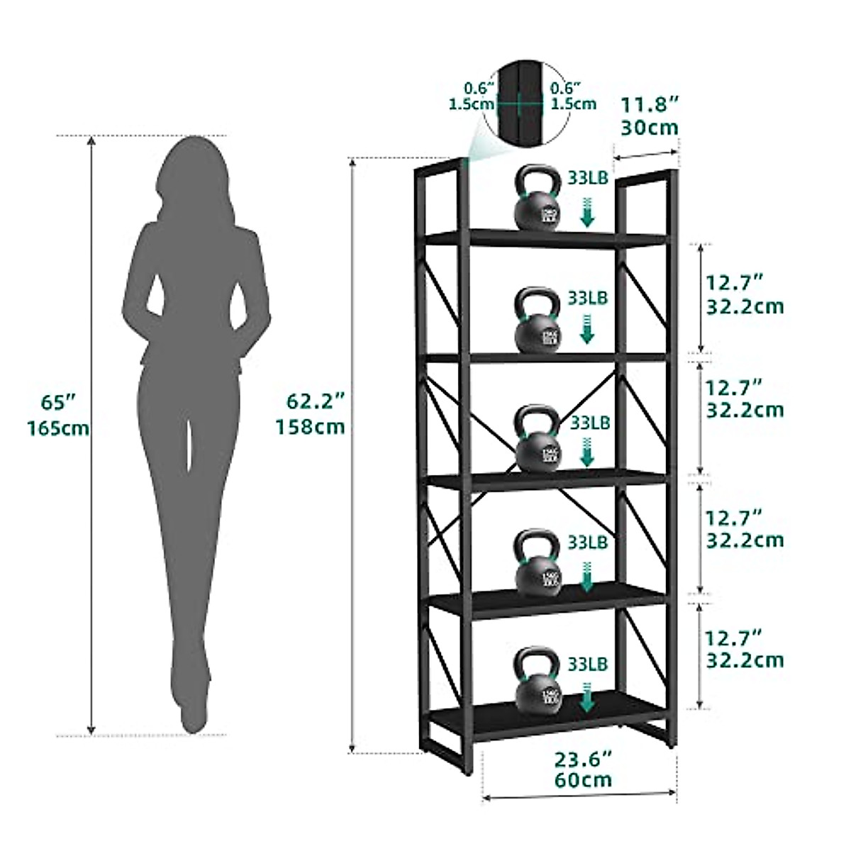 YITAHOME 5 Tiers Bookshelf, Artsy Modern Bookcase, Book Rack, Storage Rack Shelves Books Holder Organizer for Books/Movies in Living Room/Home/Office - Black