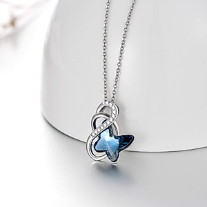 AOBOCO Sterling Silver Infinity Butterfly Necklace for Women, Butterfly Pendant Made with Crystal from Austria, Blue Butterfly Gifts for Butterfly Lovers, Birthday Anniversary Jewelry Gifts for Her