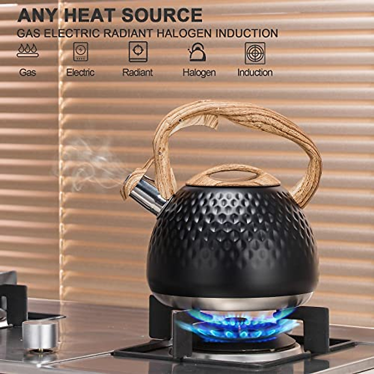 Tea Kettle, Black Stovetop Teapot, 2.7 Quart, Loud Whistle, Food Grade Stainless Steel and Smooth Wood Pattern Handle, Sophisticated Look for Hiking, Picnic, for Tea, Coffee, Milk