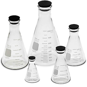 Corning Pyrex #4980-PACK(RS), Narrow Mouth Erlenmeyer Flask Set with Rubber Stoppers, 5 Sizes - 50, 125, 250, 500, 1000ml