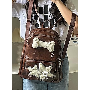 JHTPSLR Y2K Gothic Backpack Vintage Aesthetic PU Leather Backpack Y2K Gothic Accessories Backpack Grunge Y2K Backpack Trendy Backpack (Retro Brown)