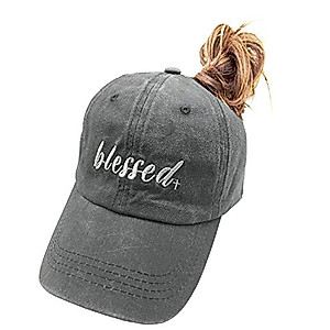 MANMESH HATT Blessed Ponytail Hat Messy Bun Vintage Washed Distressed Twill Plain Baseball Cap for Women (Grey, One Size)