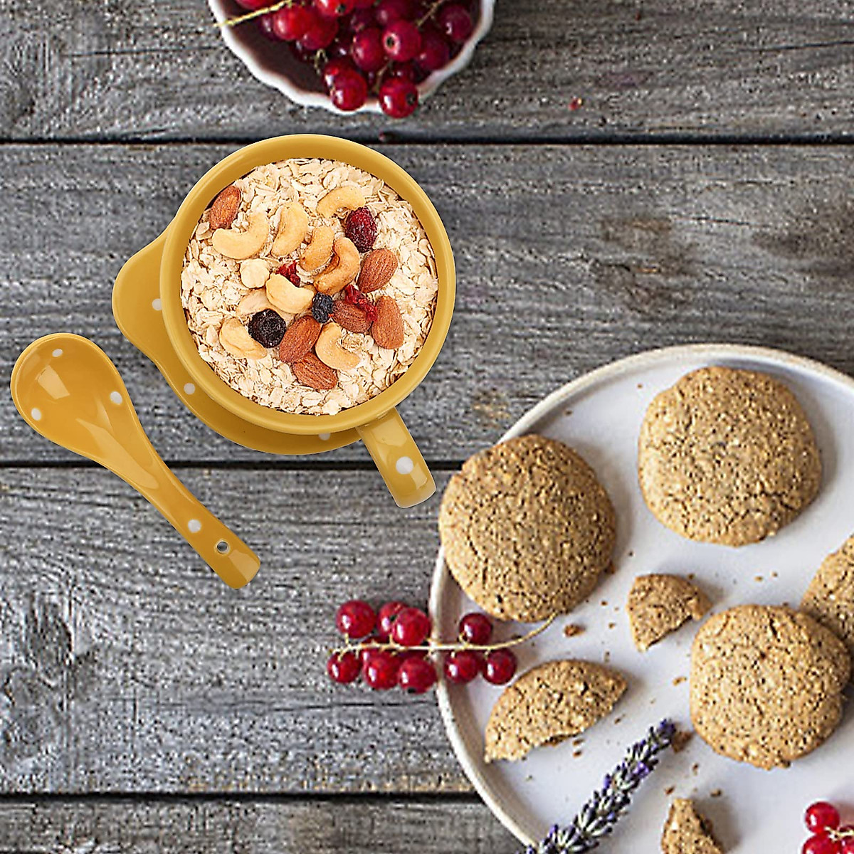 Youeon Set of 2 Jumbo Coffee and Soup Mug Set, 16 Oz Porcelain Oatmeal Mug with Lid and Spoon, Large Cereal Mugs, Multi Purpose Wide Mug for Breakfast, Cereal, Milk, Coffee, Hot Cocoa, Fruit