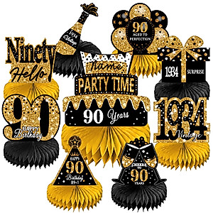 LINAYE 90th Birthday Decorations for Men Women, Black and Gold Honeycomb Centerpieces for 90 Year Old Birthday Party,90th Birthday Centerpieces for Table,Vintage Ninety Birthday Decoration Decor