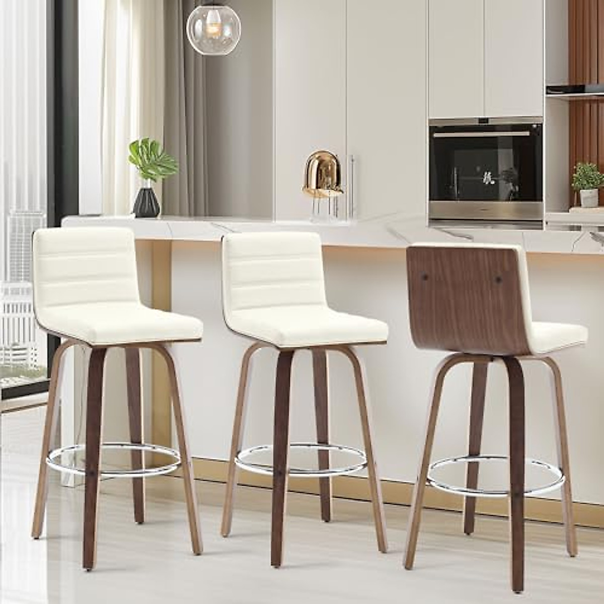 Bekrvio Bar Stools Set of 3 Swivel Bar Stools with Backs, 29 Inch Bar Height Upholstered PU Leather Barstool, L Shape Back, Padded Seat, Mid-Century Modern Bar Stool Chairs for Kitchen Island, White