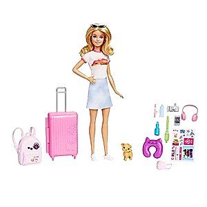 Barbie Doll & Accessories, Travel Set with Puppy and 10+ Pieces, Suitcase Opens & Closes, Malibu Doll with Blonde Hair