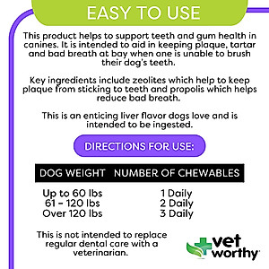 Vet Worthy Chewable Toothpaste - Dog Teeth Cleaning Chews with Propolis & Zeolites - Toothpaste for Dogs - Dog Tartar Remover for Teeth & Dog Chews for Cleaning Teeth - 60ct (Chicken Liver)