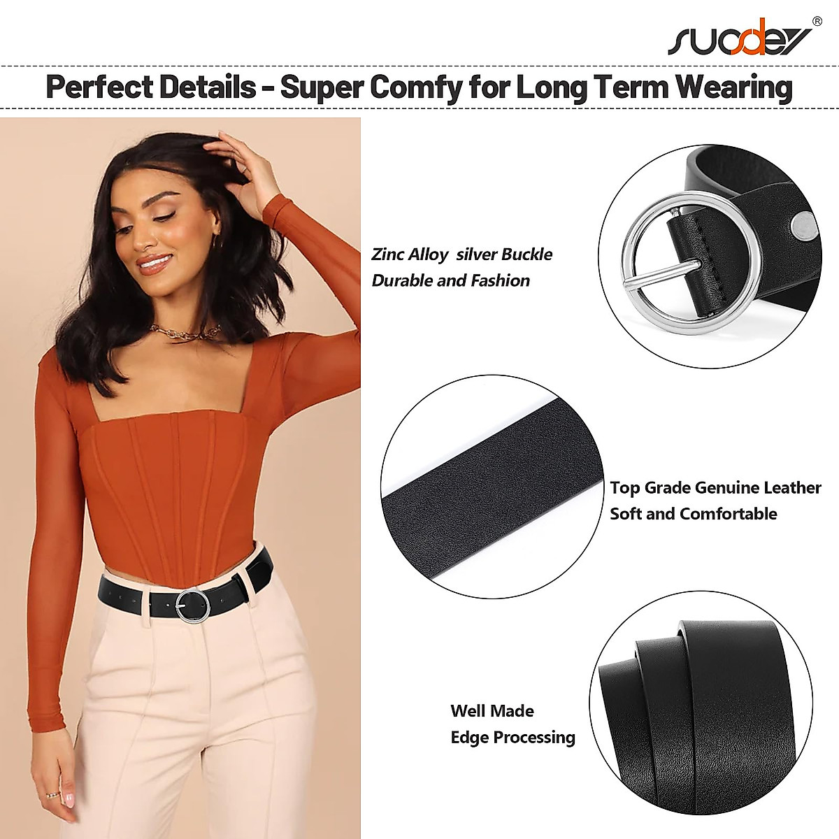 SUOSDEY Women Leather Belt with O-Ring Buckle,Fashion Soft Ladies Waist Belt for Jeans Dresses,1.3" Width