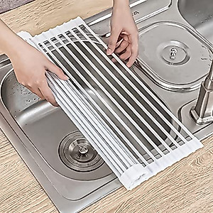 H S T Over The Sink Dish Drying Rack for Kitchen - 17" x 13" Heavy Duty Silicone Wrapped Steel Rods Over Sink Dish Drying Rack - Multipurpose Roll Up Sink Drying Rack - White