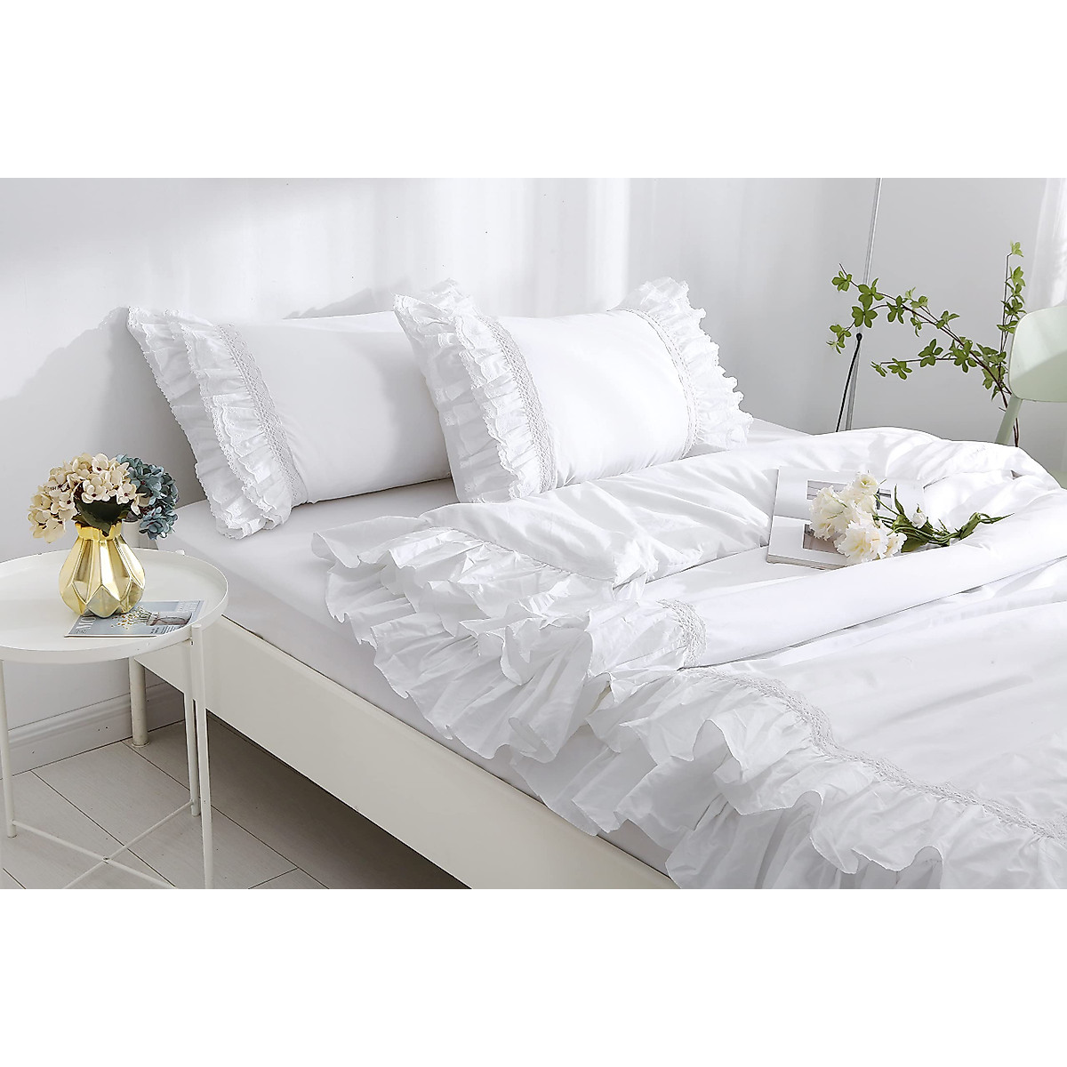 Meaning4 White Twin Duvet Cover with Ruffles and Lace Quilt Cover Egypt Cotton 68x90 Inch 1 Pieces Solid (Not Include Pillowcases and Insert)